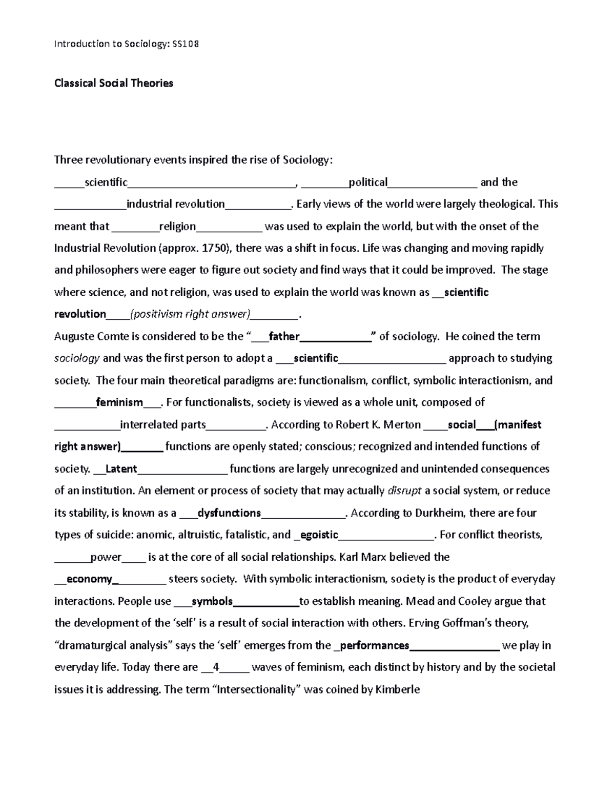Classical Social Theories - student handout - Introduction to Sociology ...