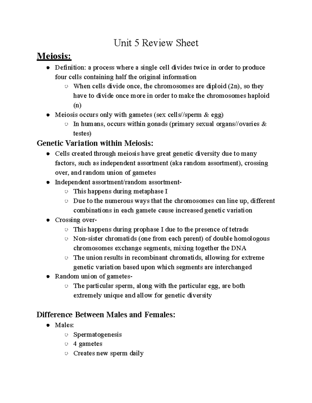 Heredity and Meiosis - Unit 5 Review Sheet Meiosis: Definition: a ...