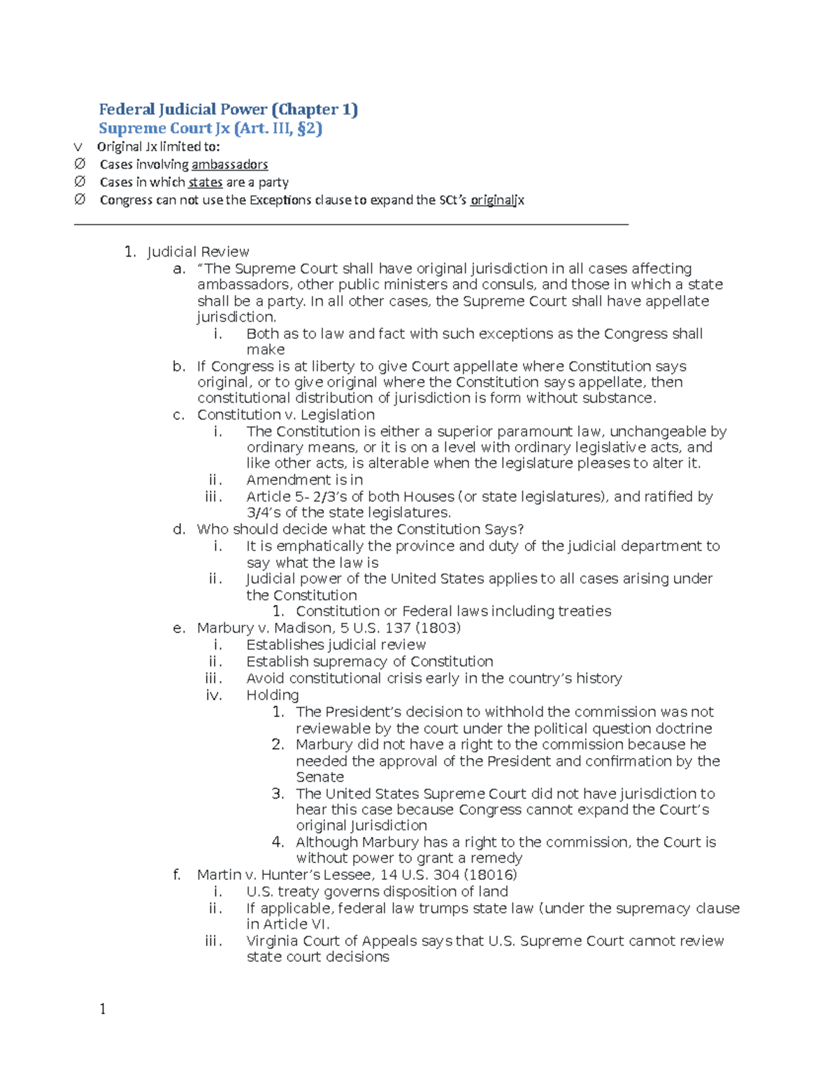 Con law outline - Strasser, notes on cases - Federal Judicial Power ...