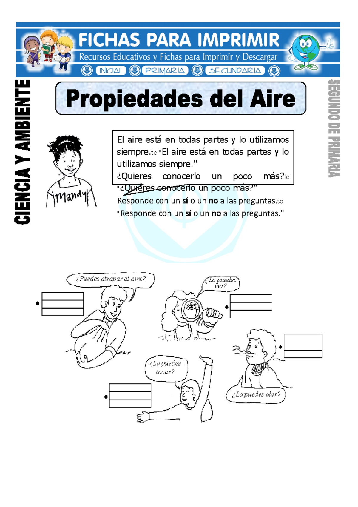 Ficha de Propiedades del Aire para Segundo de Primaria - El aire está ...
