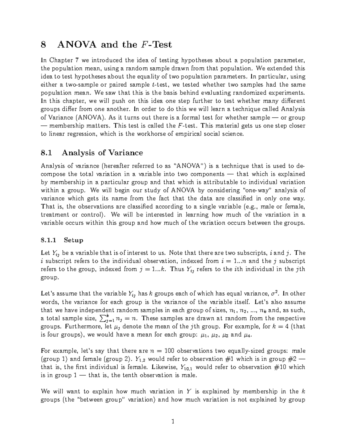 CH9 Anova AND F-Tests - 8 ANOVA and the F-Test In Chapter 7 we ...