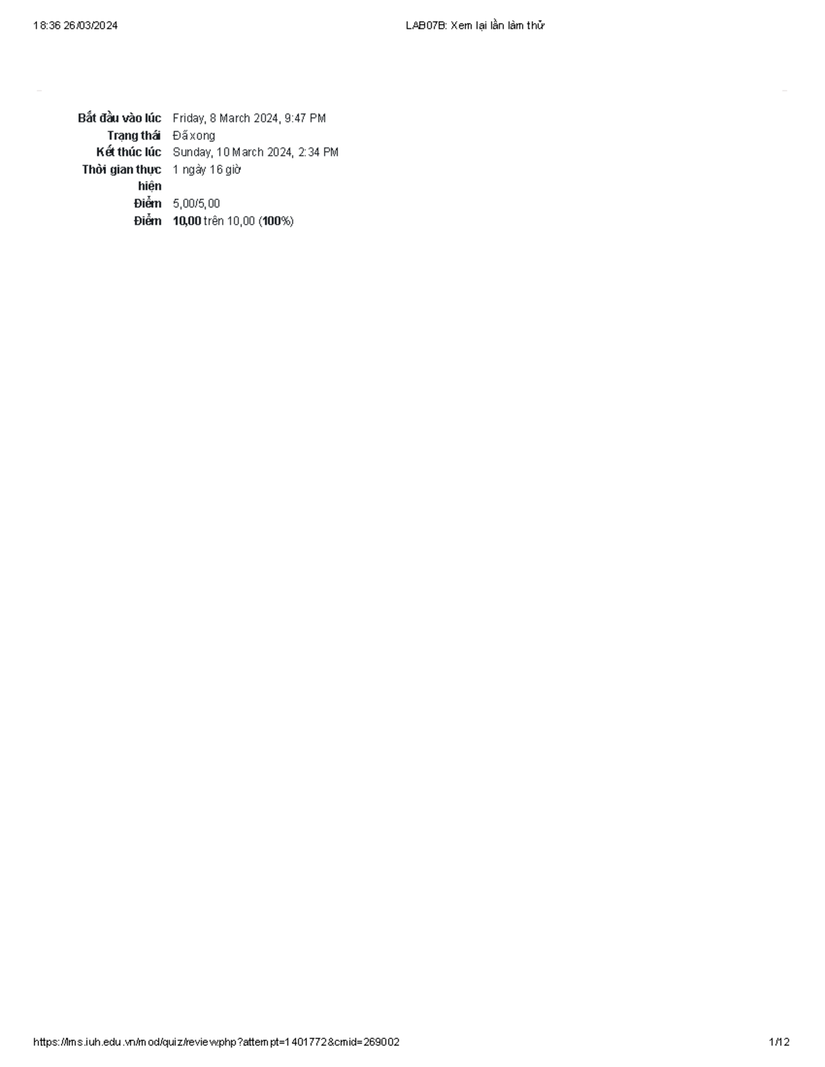 LAB07B Xem lại lần làm thử - Bắt đầu vào lúc Friday, 8 March 2024, 9:47 ...