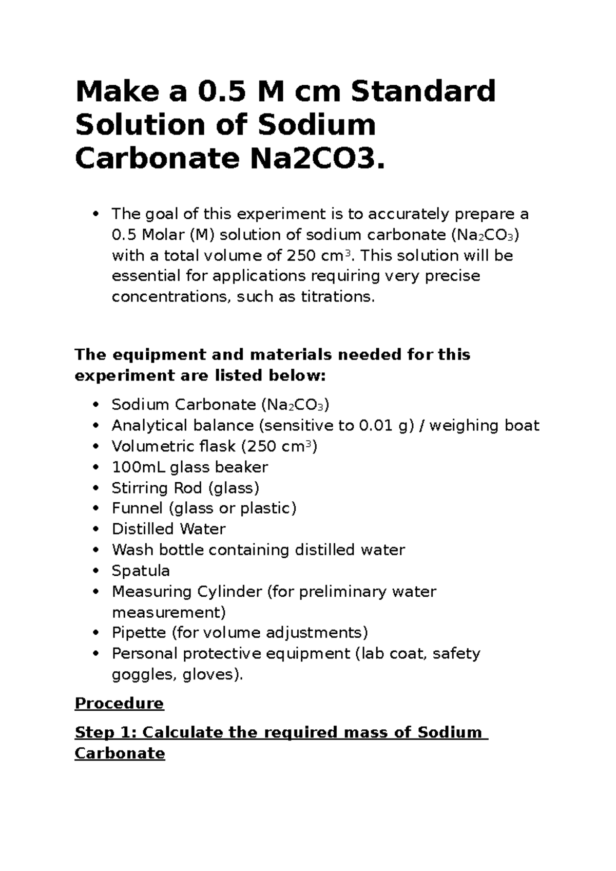 Standard Solution Doc - SDJKKKKKKKK - Make a 0 M cm Standard Solution ...