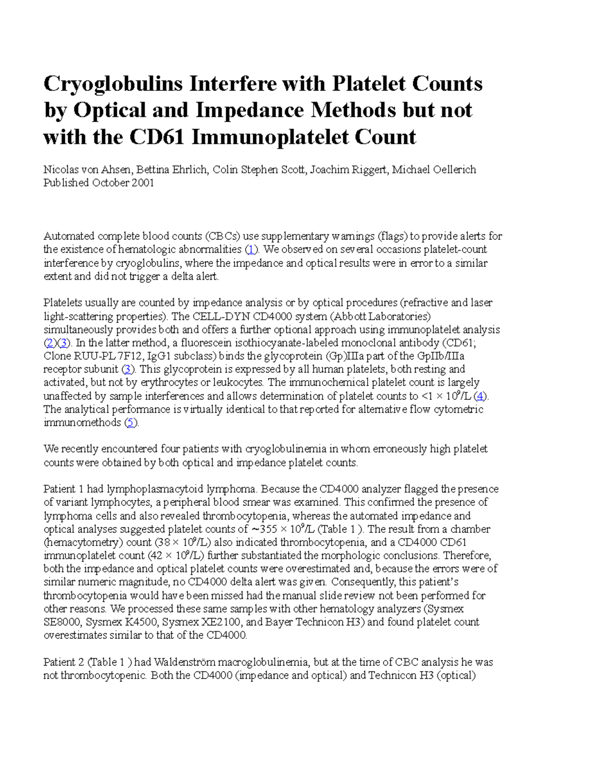 Cryoglobulins Interfere with Platelet Counts by Optical and Impedance ...