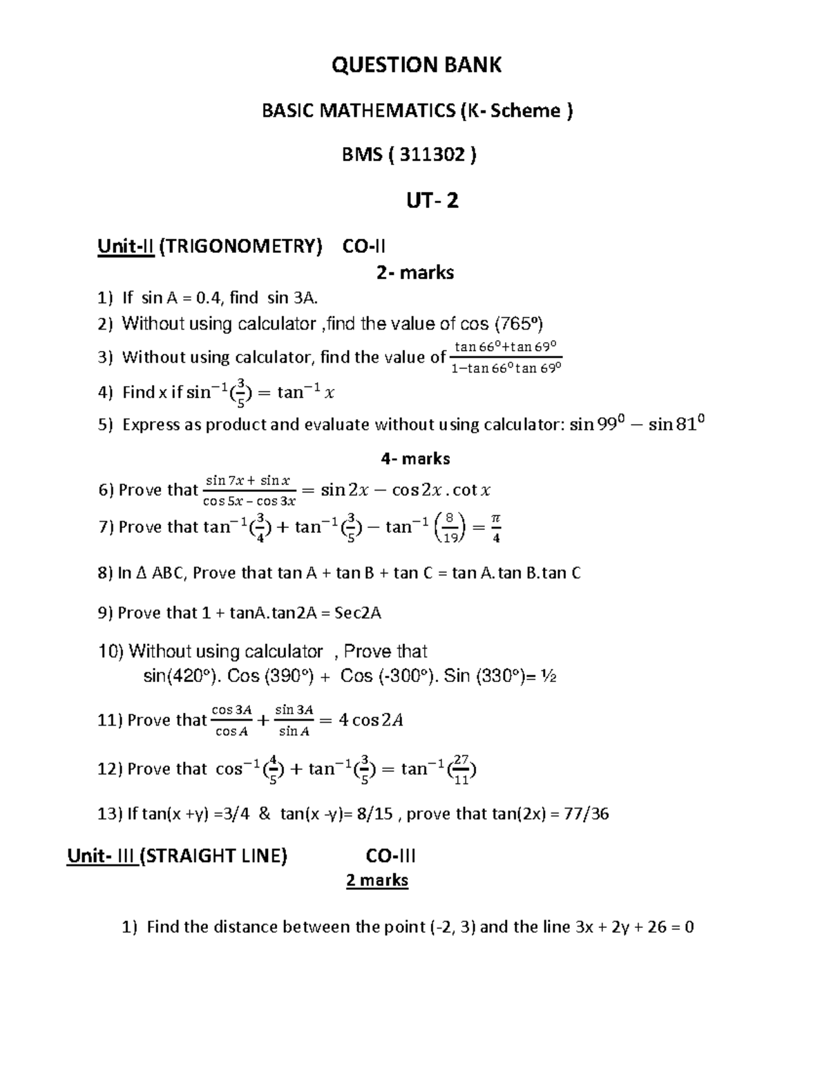 QB BMS-311302- SEM-I UT-2 111223 - QUESTION BANK BASIC MATHEMATICS (K- Scheme ) BMS ( 311302 ...
