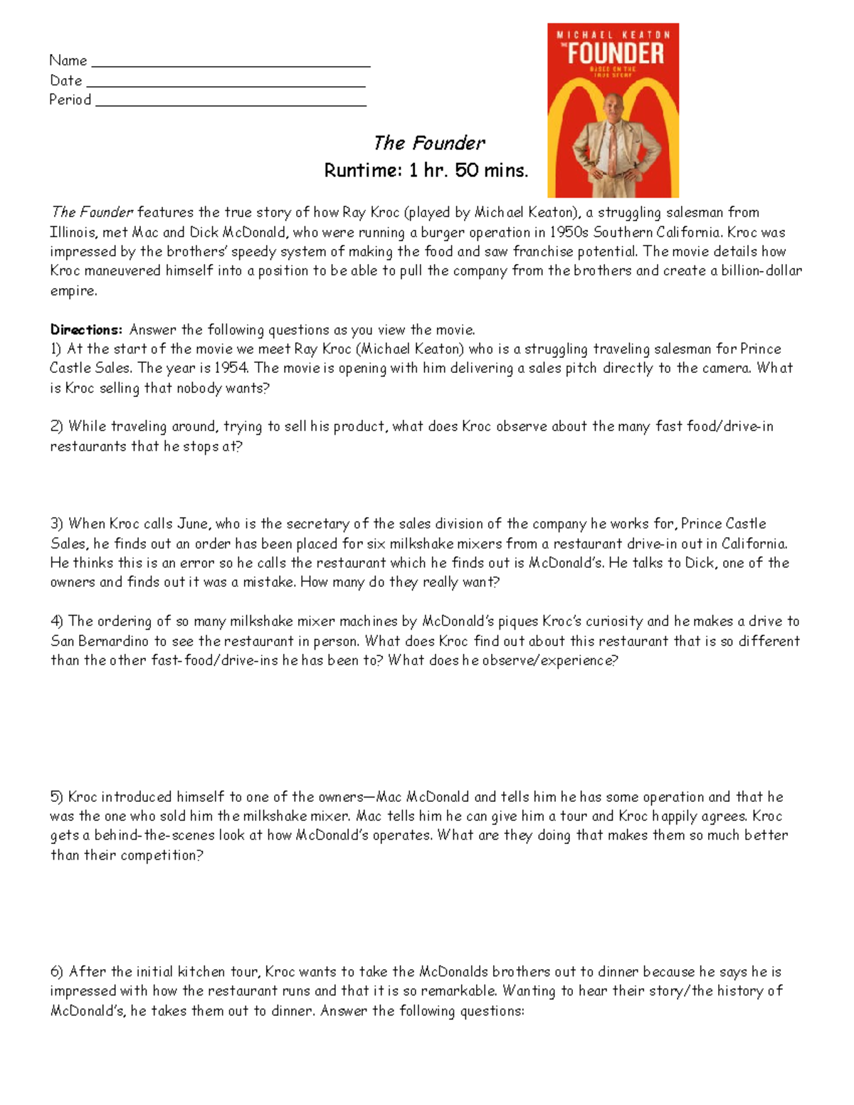 The Founder Movie Questionsw Answers Franchising Entrepreneurship ...