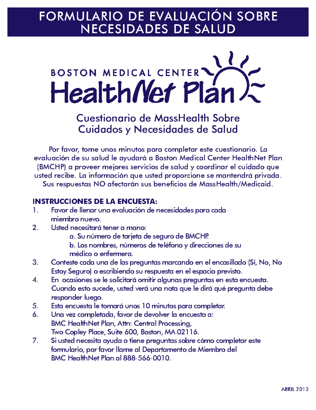 Mass Health HNA Form SPAN 8 - FORMULARIO DE EVALUACIÓN SOBRE ...