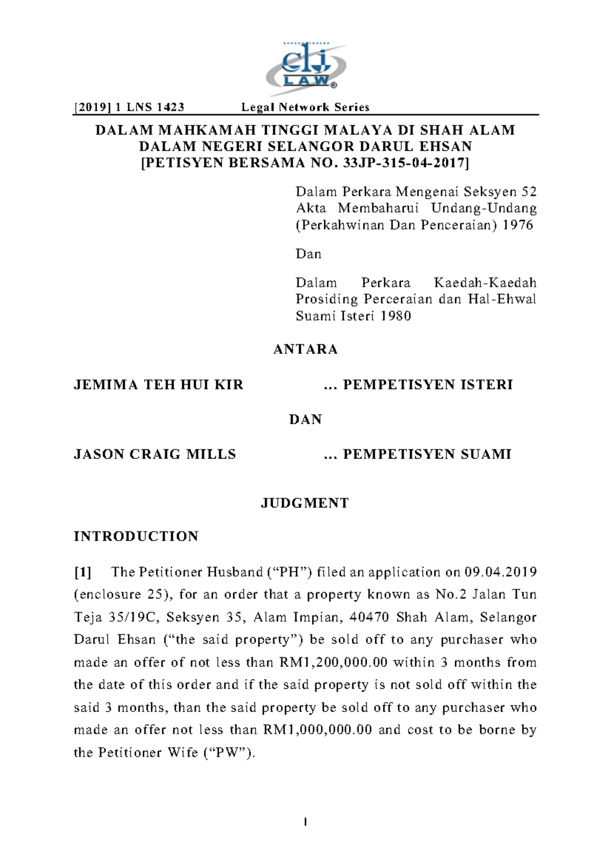 Jemima TEH HUI KIR v. Jason Craig Mills - DALAM MAHKAMAH TINGGI MALAYA ...