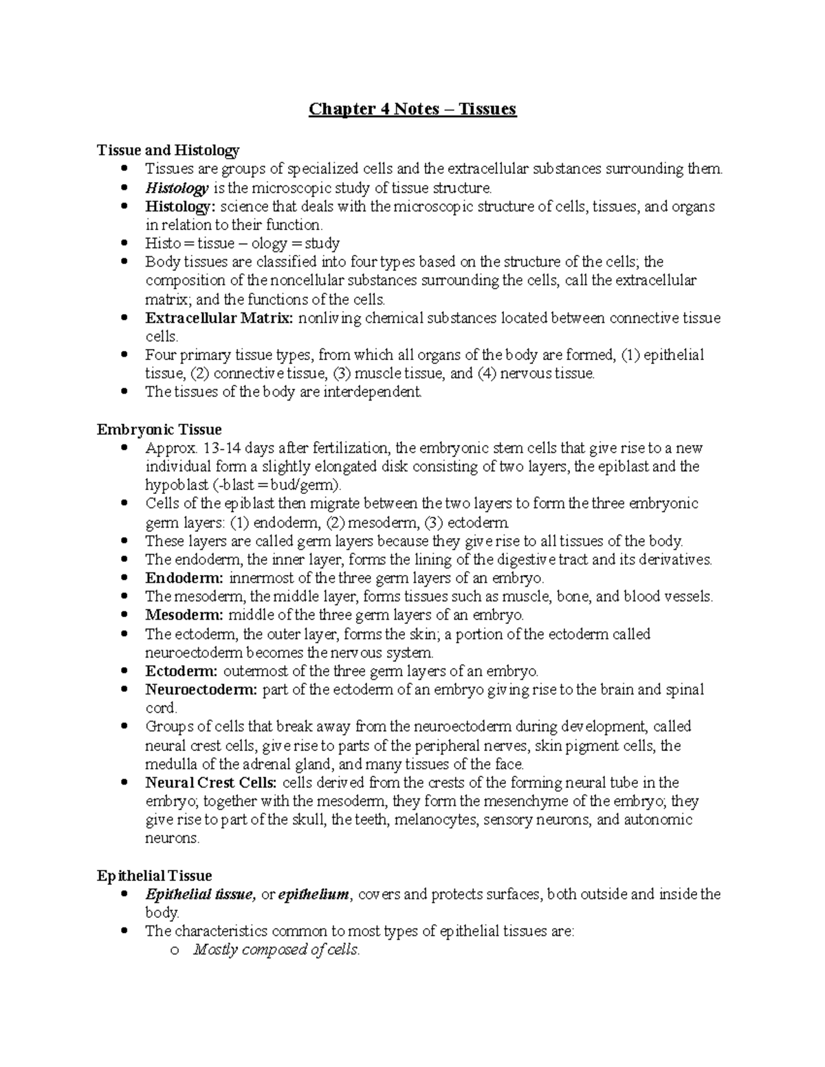 Chapter 4 Notes - Chapter 4 Notes – Tissues Tissue and Histology ...