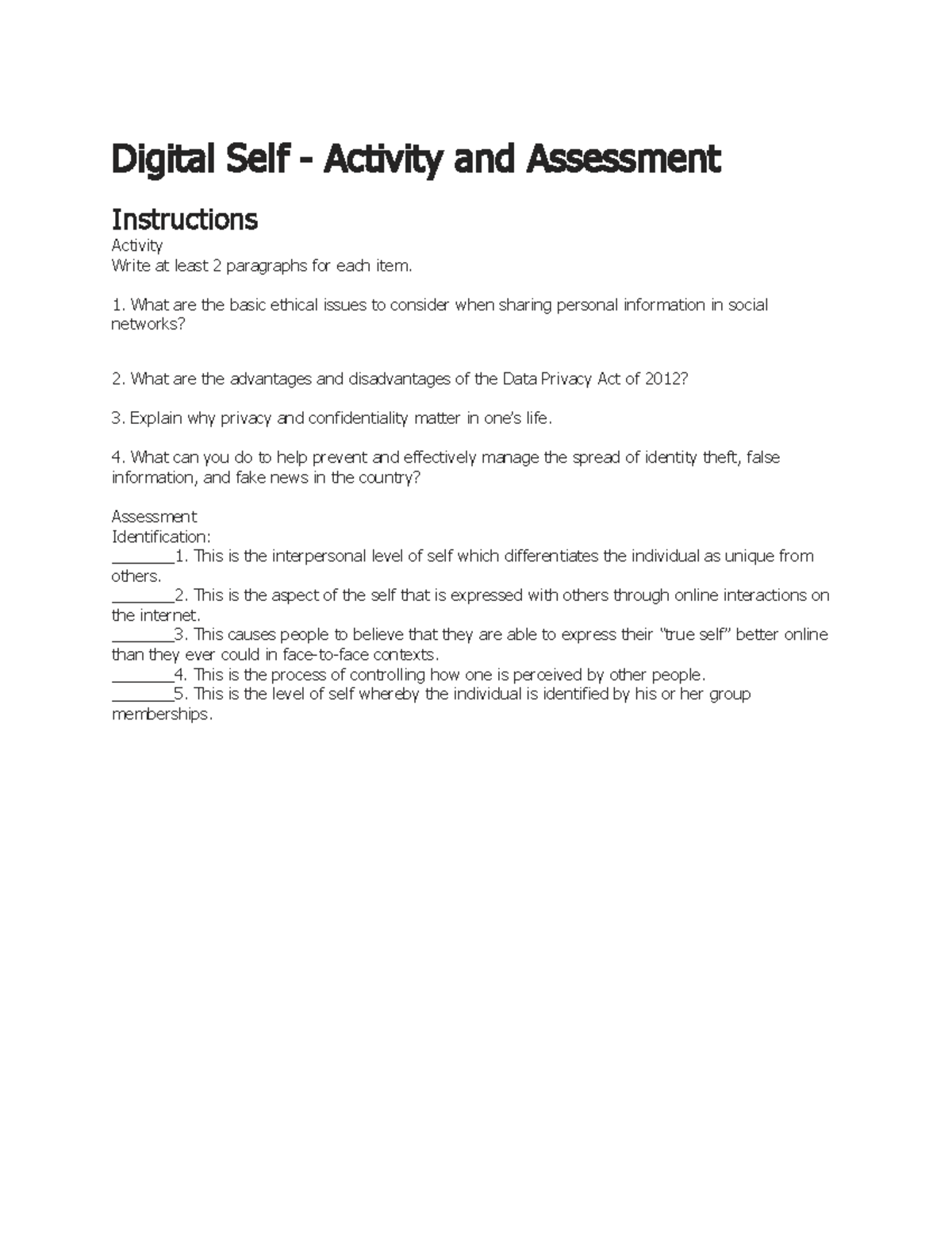 Digital Self - understanding the self - Digital Self - Activity and ...