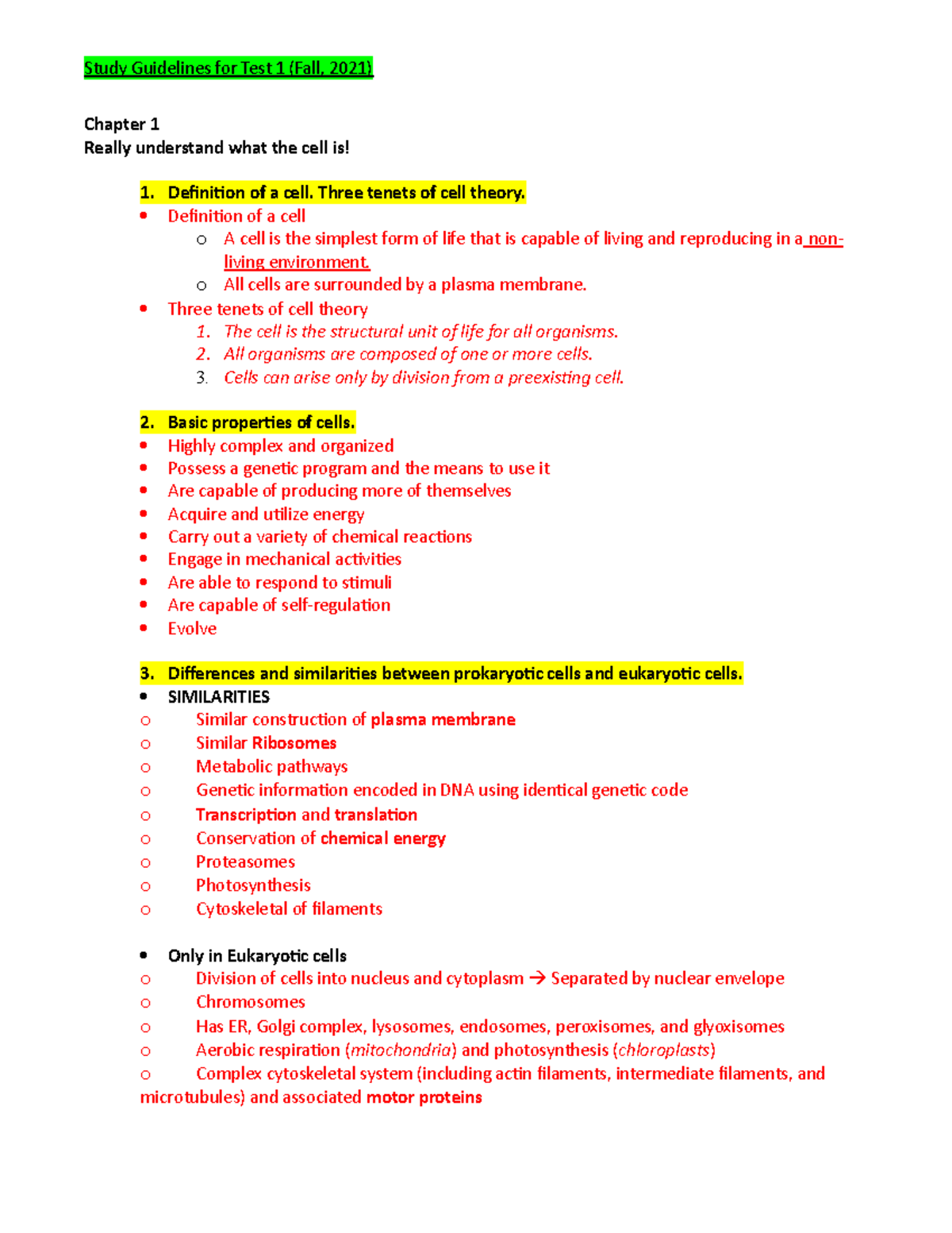 Review questions for test 1 - Chapter 1 Really understand what the cell ...