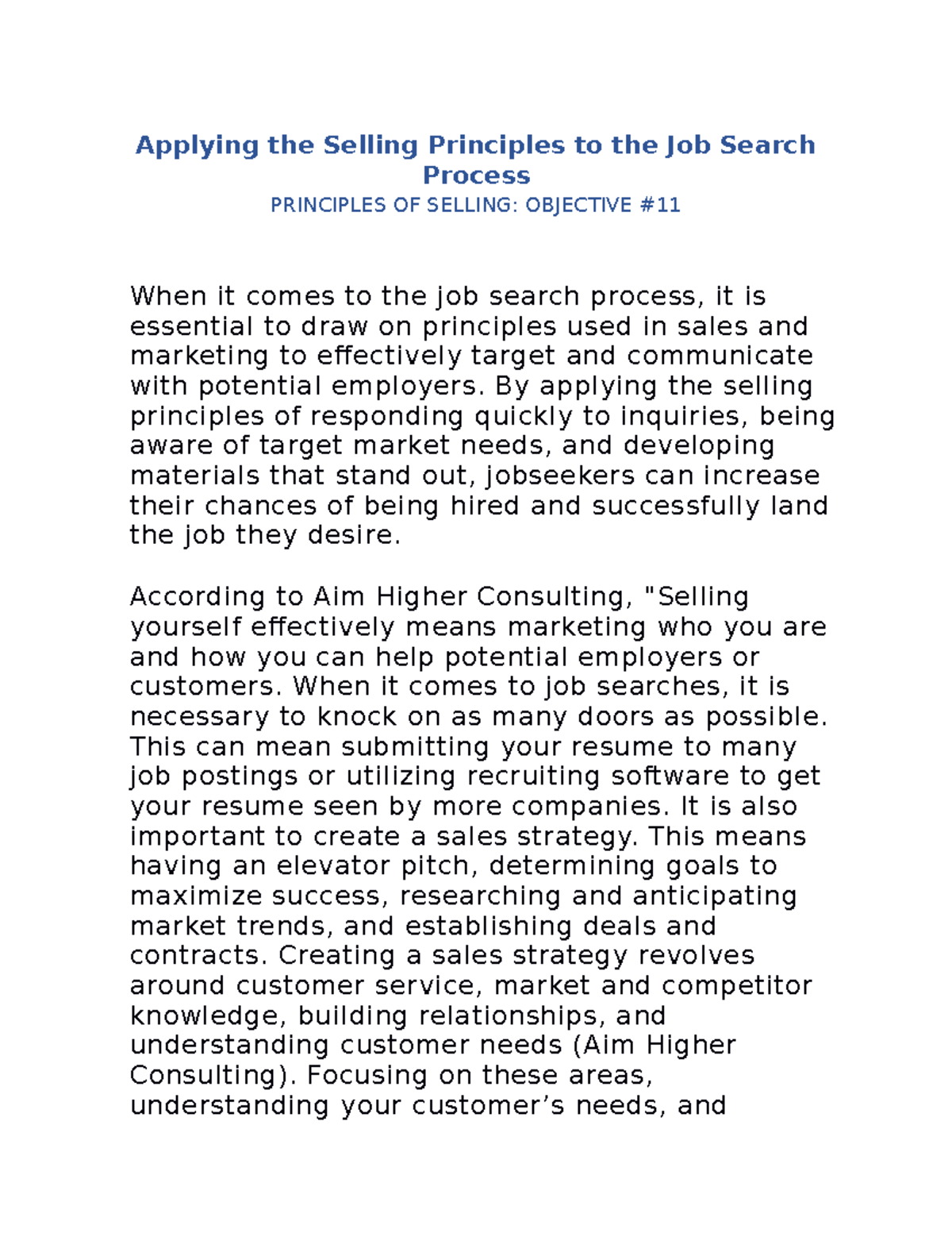 Applying the Selling Principles to the Job Search Process - Principles ...