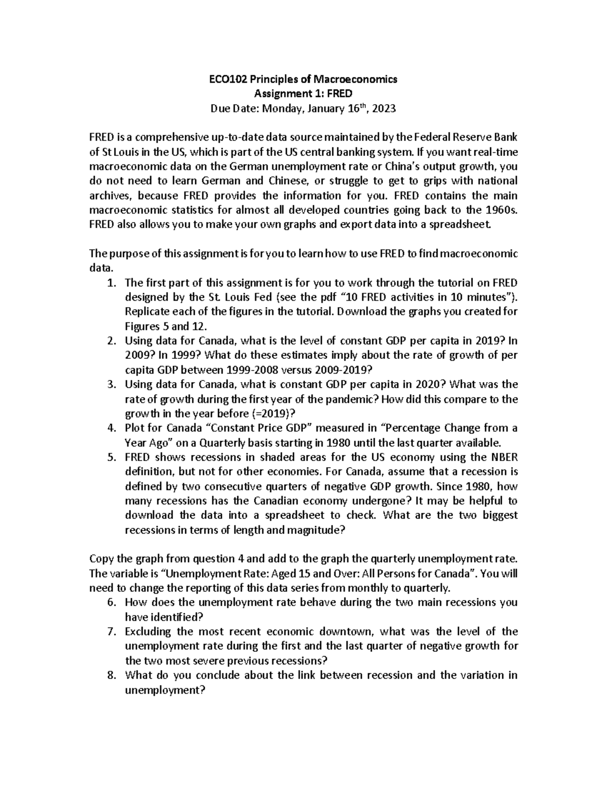 Assignment 1 Using FRED - Winter 2023 - ECO102 Principles of ...