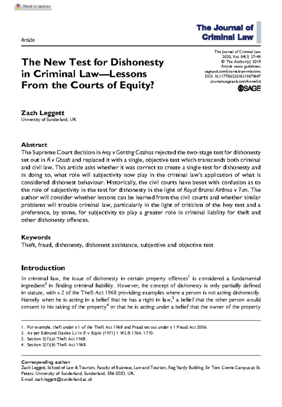 criminal law -The New Test for Dishonesty - Article The New Test for ...