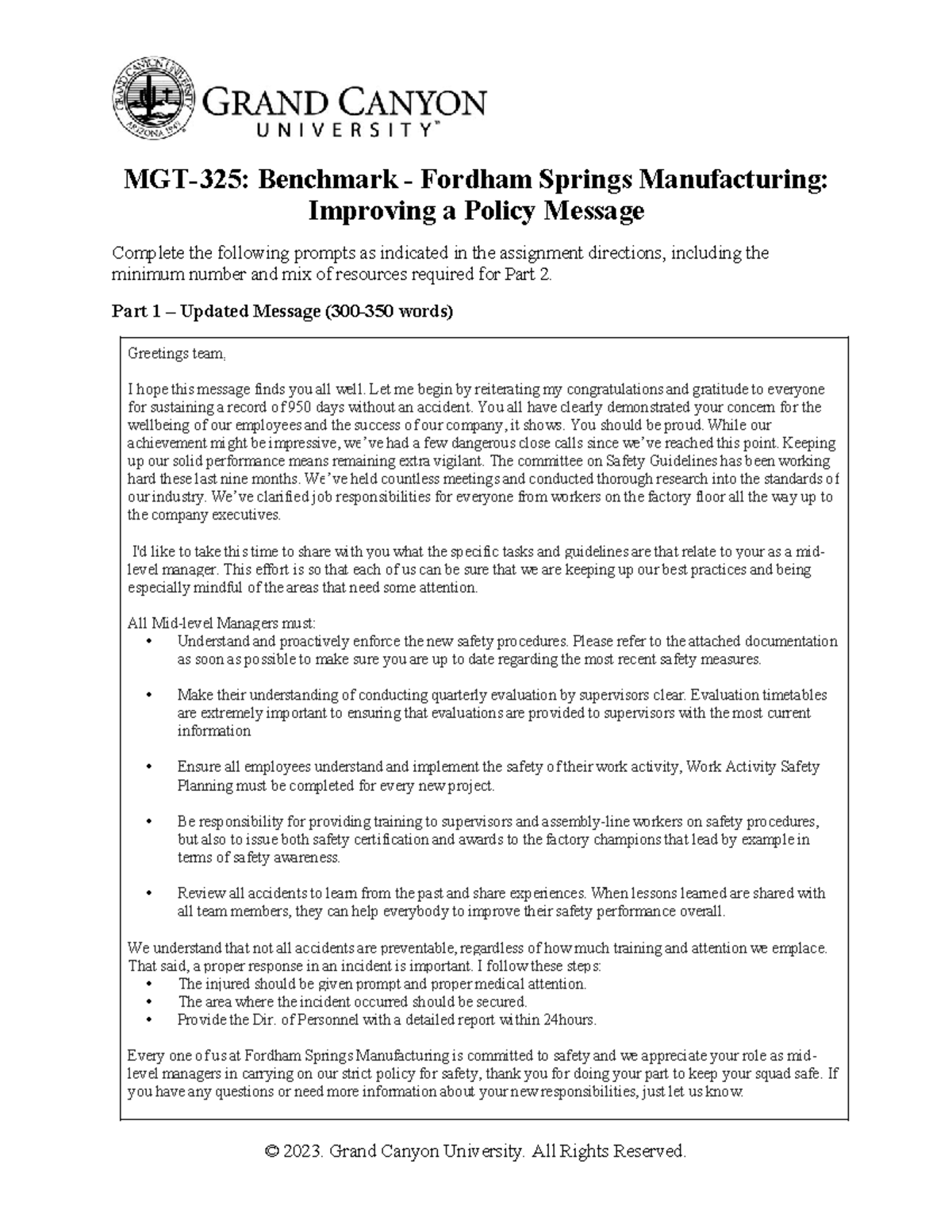 MGT 325 RS T5 Benchmark Fordham Springs Manufacturing Improving a ...