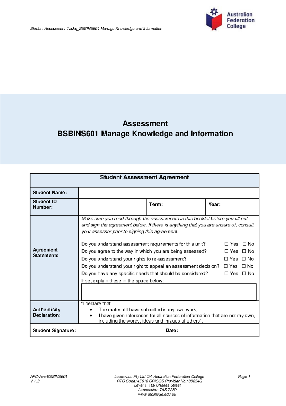 Bsbins 601 Student Assessment Tasks V1 - AFC-Ass-BSBINS601 Learnvault ...