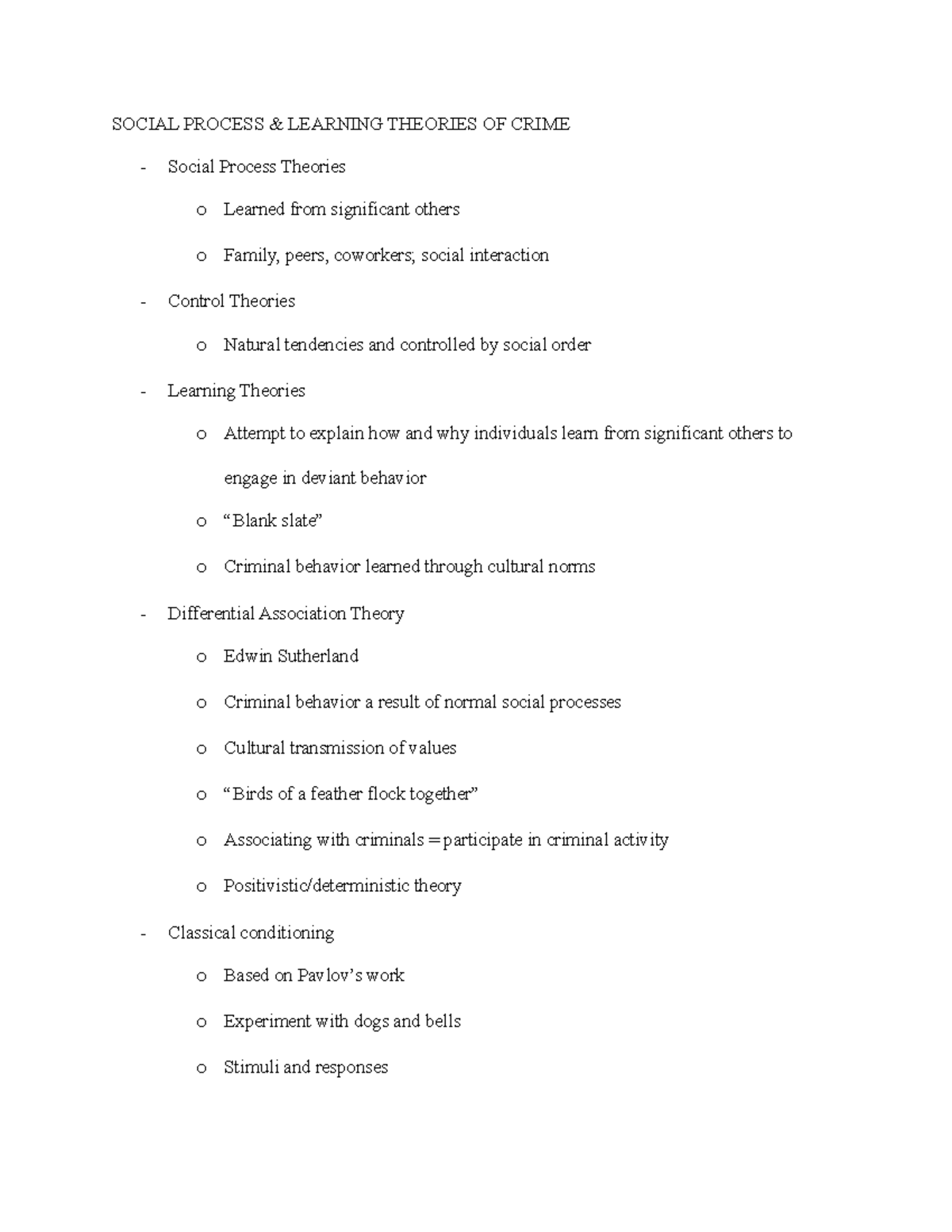 CRJU370 Notes 10 - Social process theories, control theories, and ...