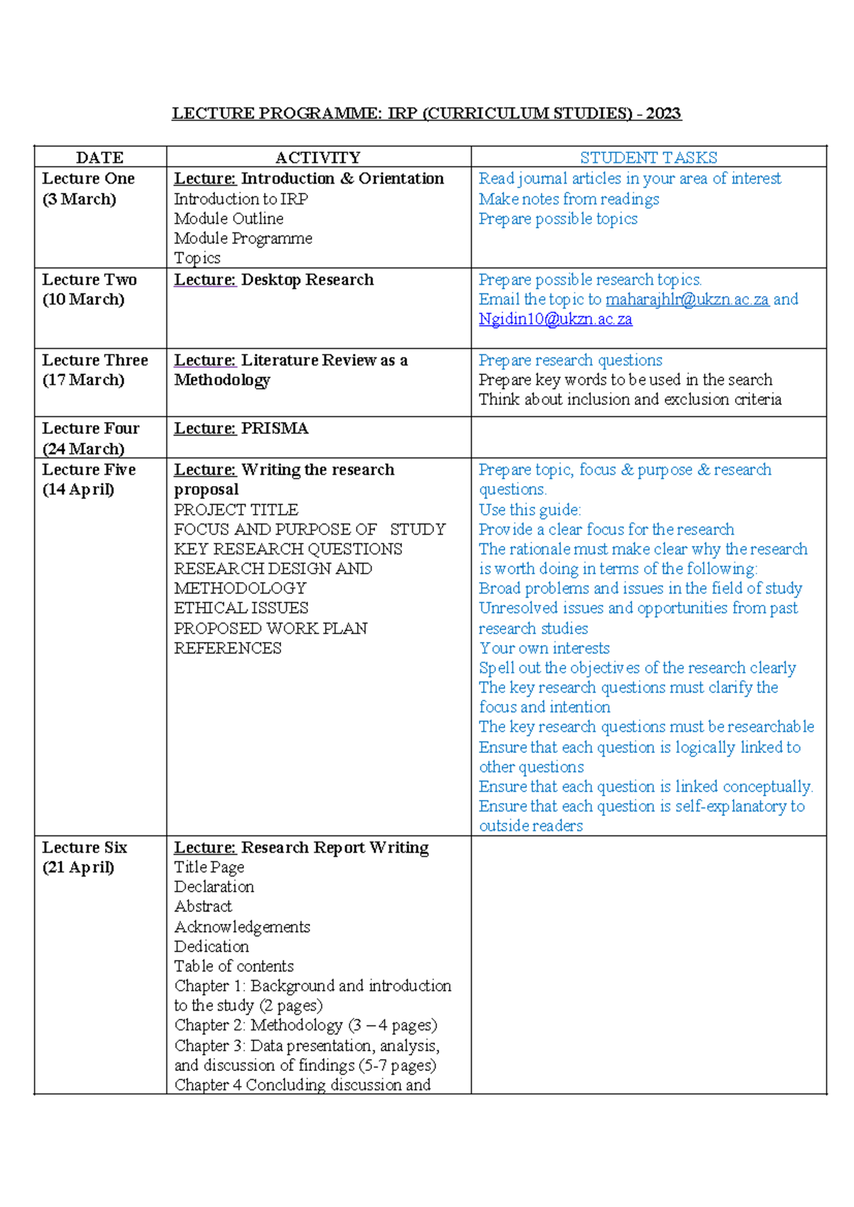 2. Lecture Programme - Honor proposal - LECTURE PROGRAMME: IRP ...