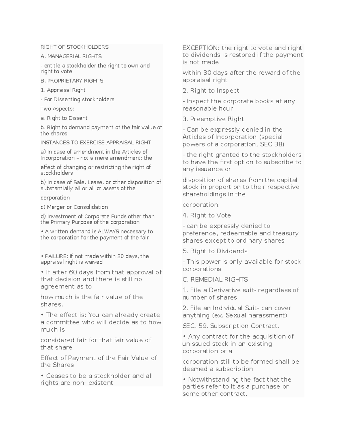 Right OF Stockholders - RIGHT OF STOCKHOLDERS A. MANAGERIAL RIGHTS ...