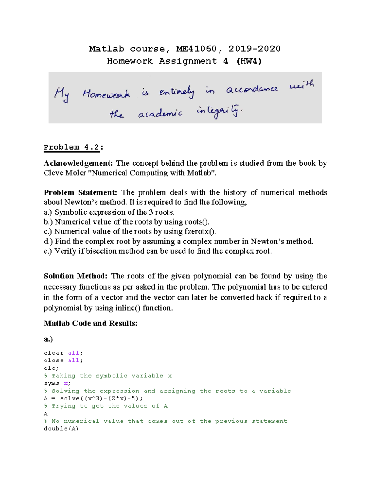 Assignment 4 Homework 4 Warning Tt Undefined Function 32 Matlab Course Me41060 2019