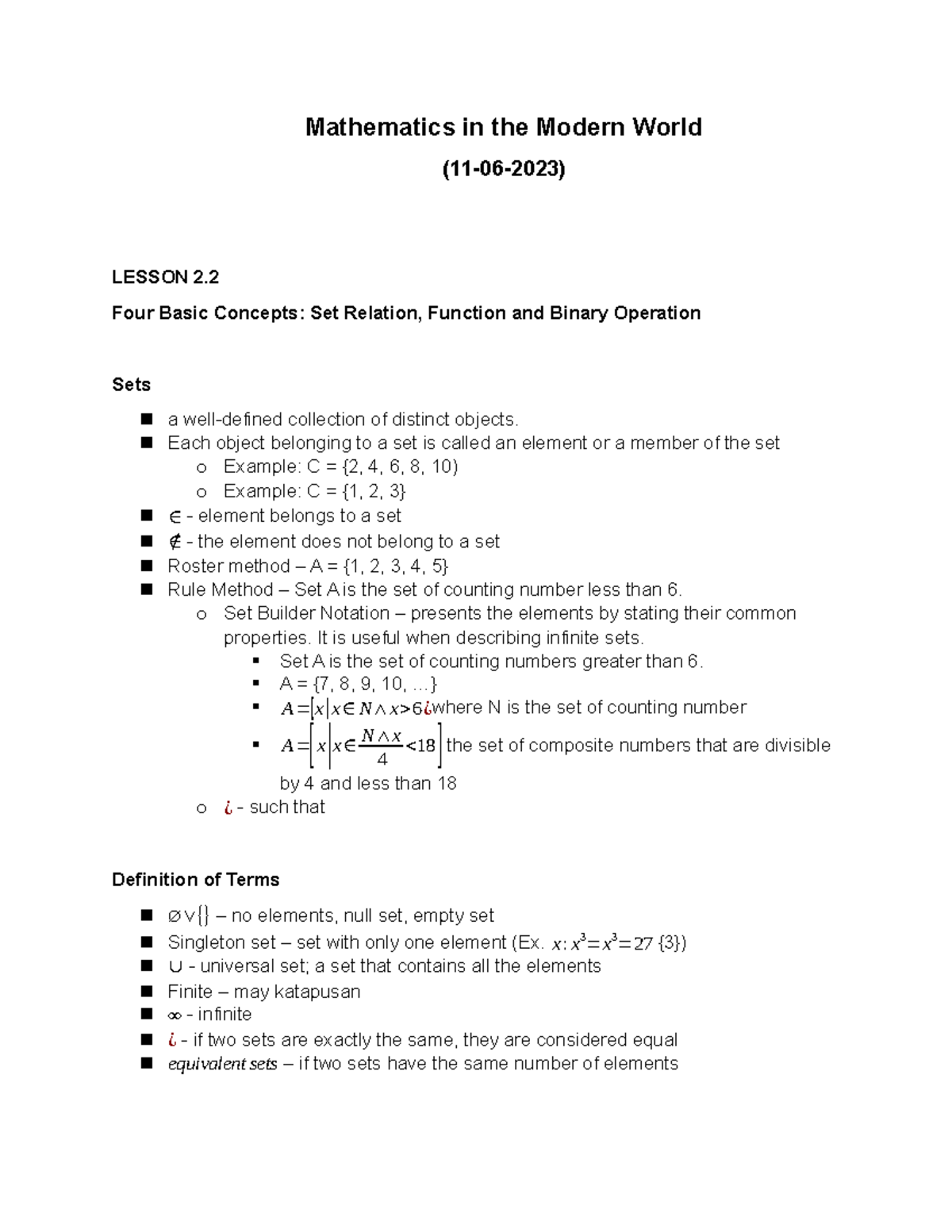 Math in 1st Year (Sets) - Mathematics in the Modern World (11-06-2023 ...