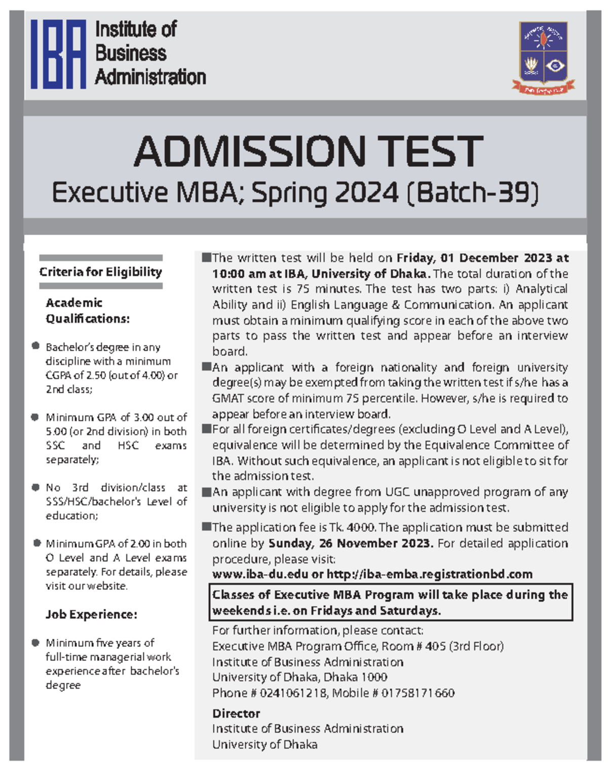 EMBA Ad Spring 2024 - Iba - The written test will be held on Friday, 01 ...