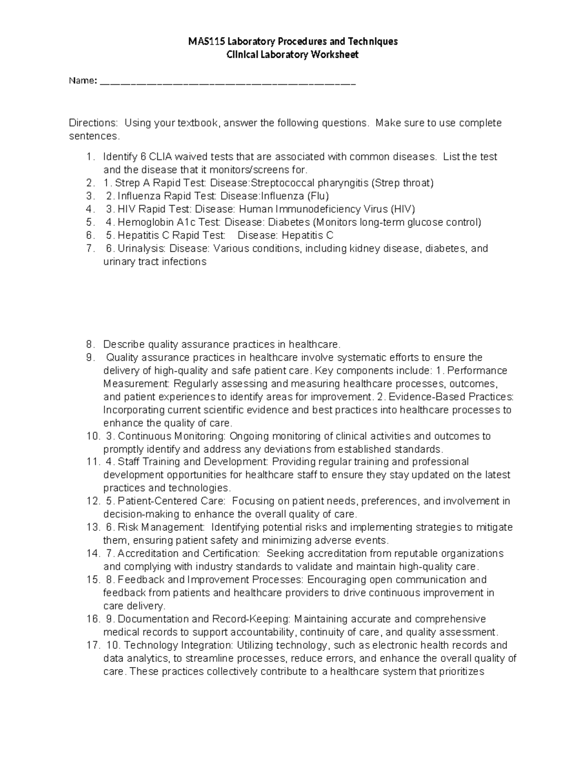 MAS115 Week 2 Clinical Lab Worksheet done - Clinical Laboratory ...