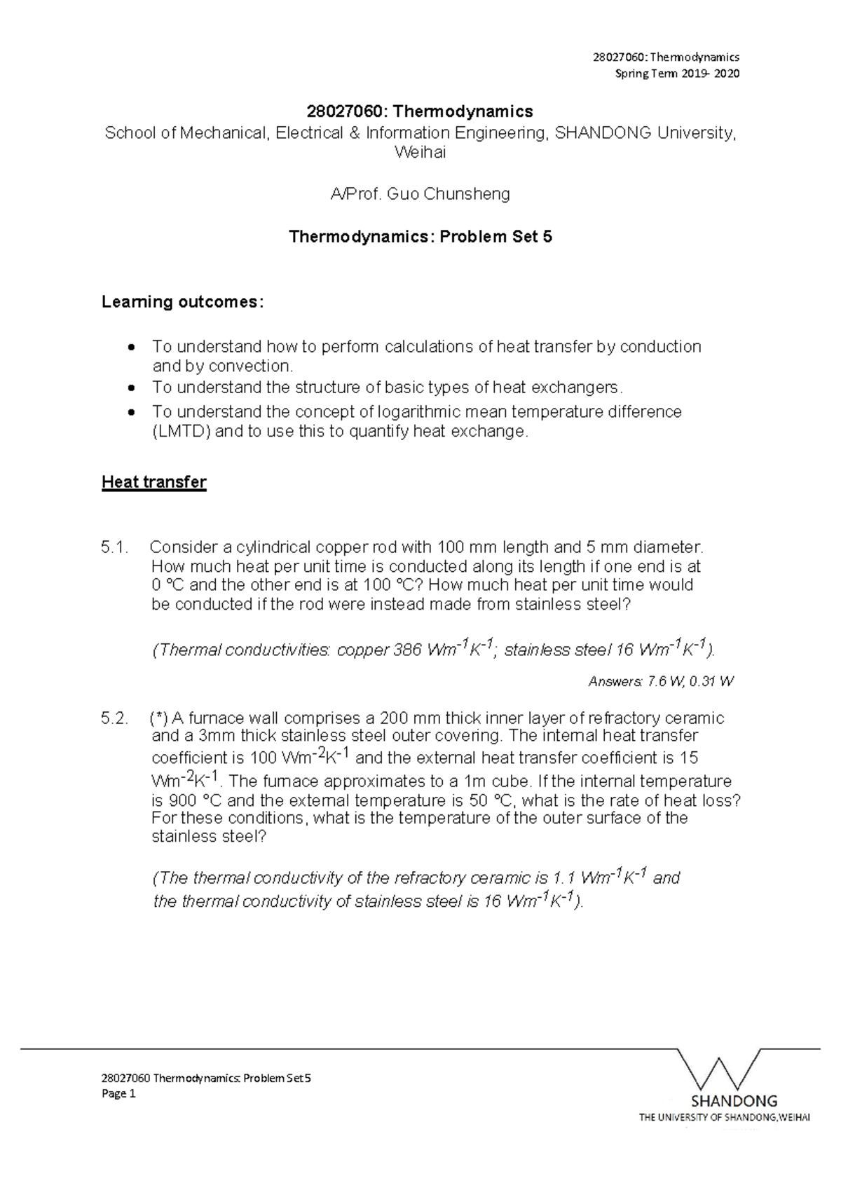 Problem set 5 - Dynamics and Thermodynamics - 28027060: Thermodynamics ...