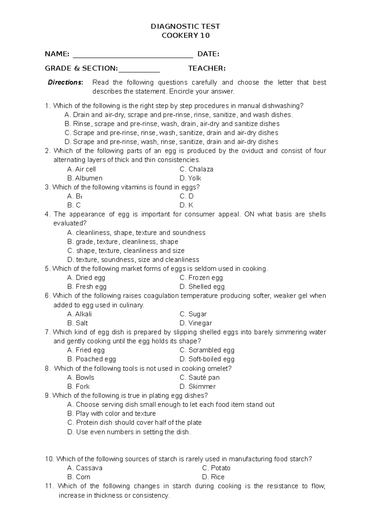 Cookery 10 Diagnostic Test With TOS DIAGNOSTIC TEST COOKERY 10 NAME