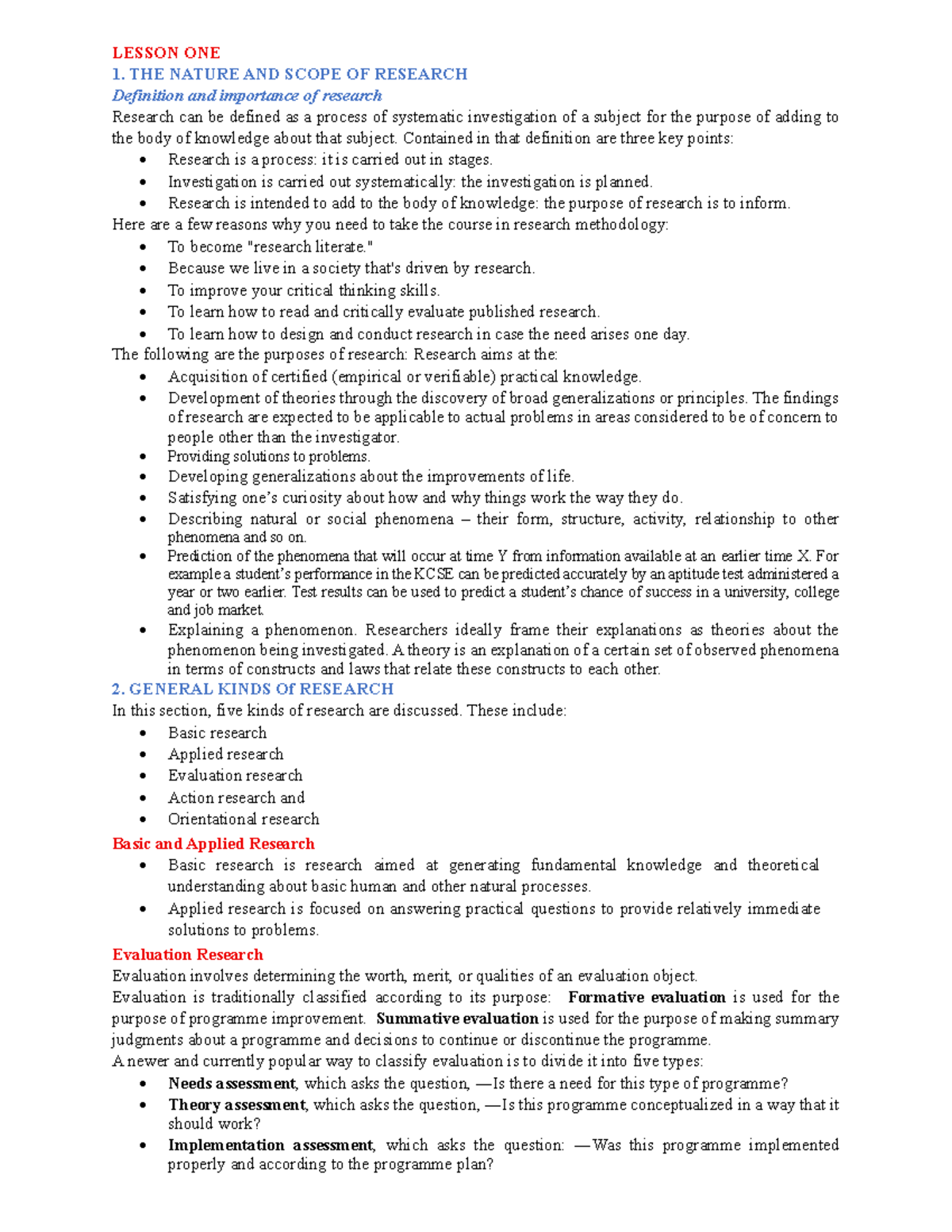 Research Methodology Lesson ONE Week 1-2 - LESSON ONE 1. THE NATURE AND ...