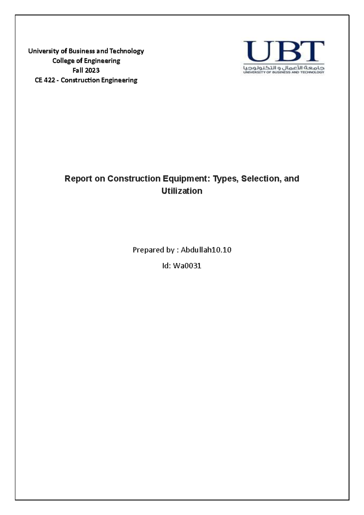 Report on Construction Equipment - Id: Wa University of Business and ...
