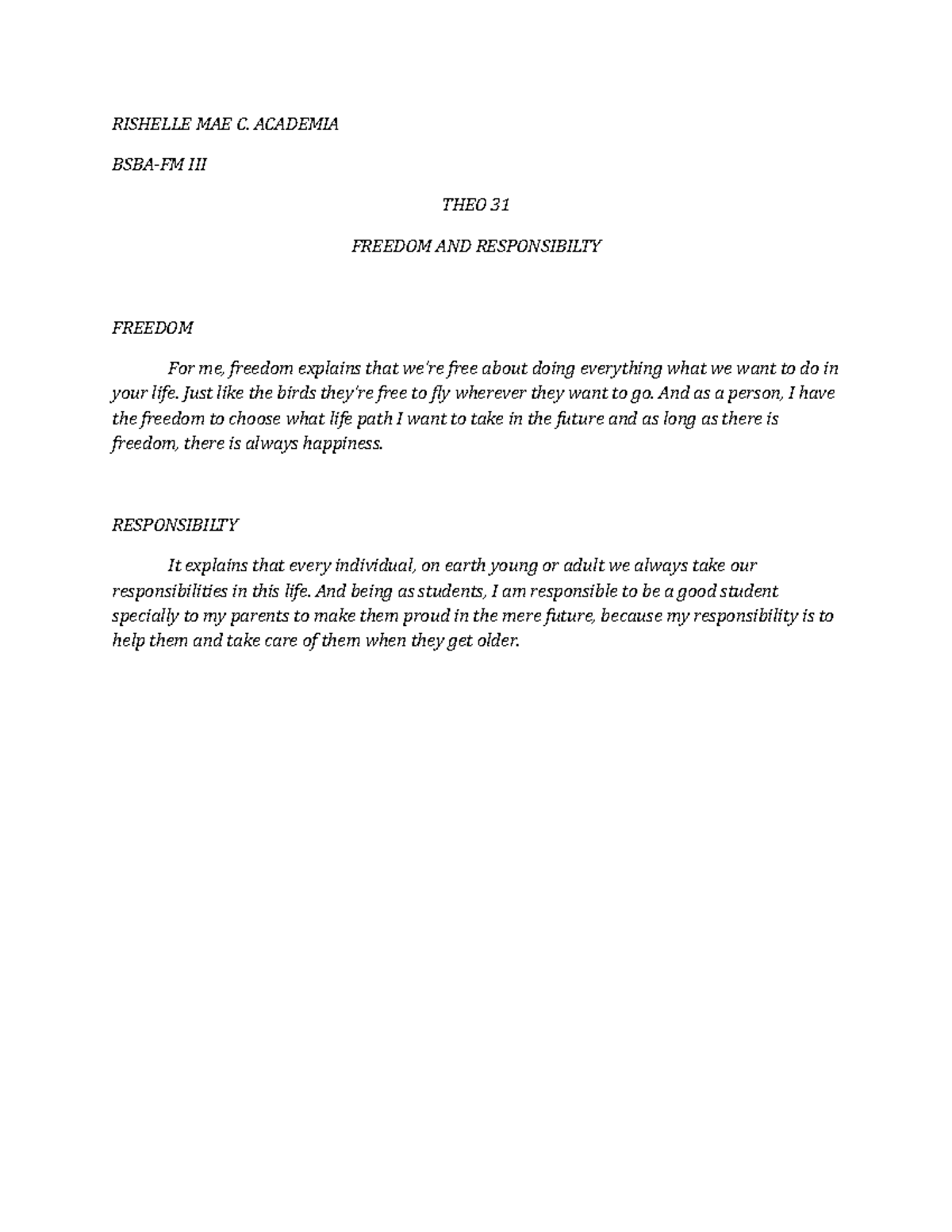 Freedommmm - for studies - RISHELLE MAE C. ACADEMIA BSBA-FM III THEO 31 ...