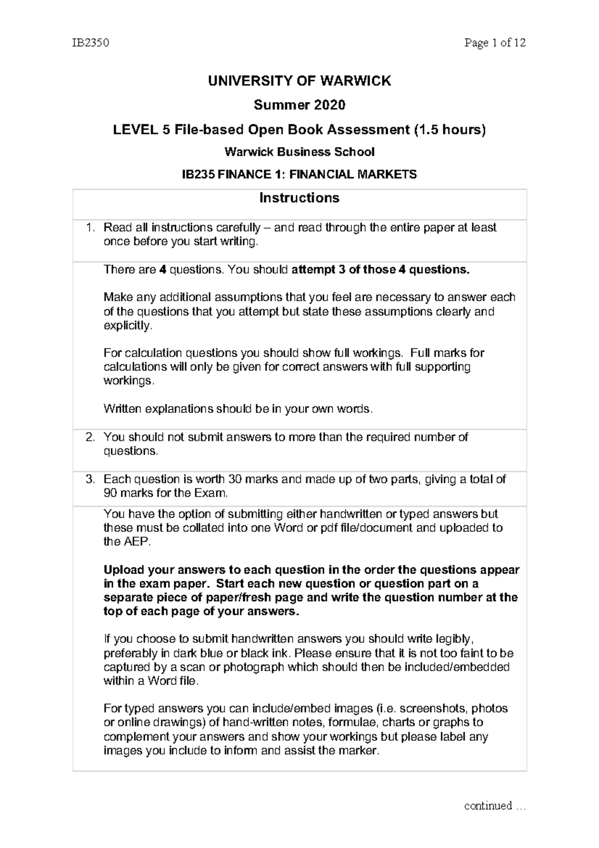 2020 Summer exam - UNIVERSITY OF WARWICK Summer 2020 LEVEL 5 File-based ...