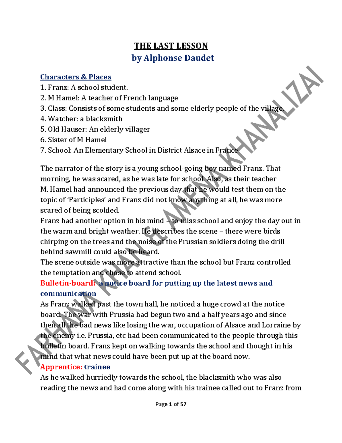 Summary XII AFK & AAK - THE LAST LESSON by Alphonse Daudet Characters ...