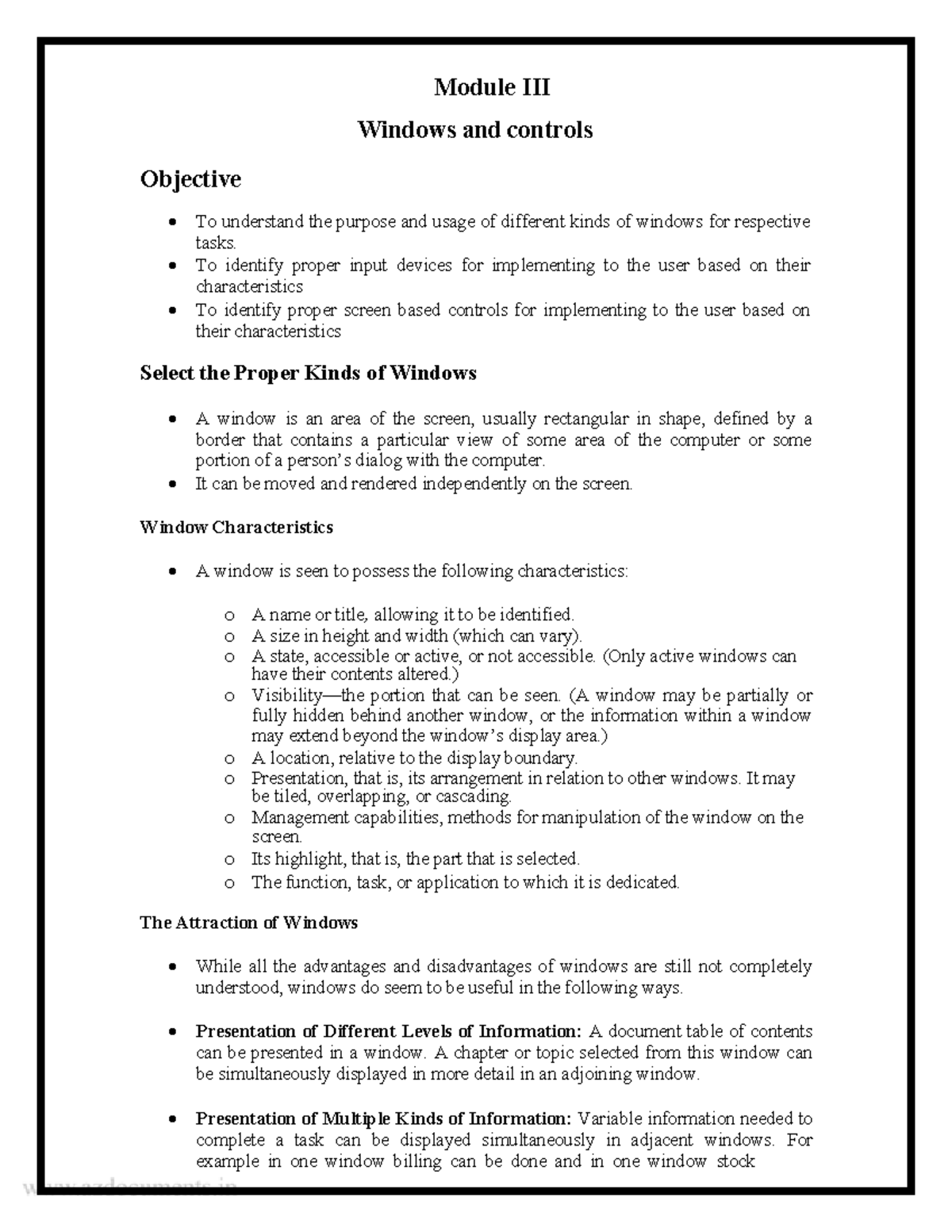 Module 3 - Please find - Objective Module III Windows and controls To ...