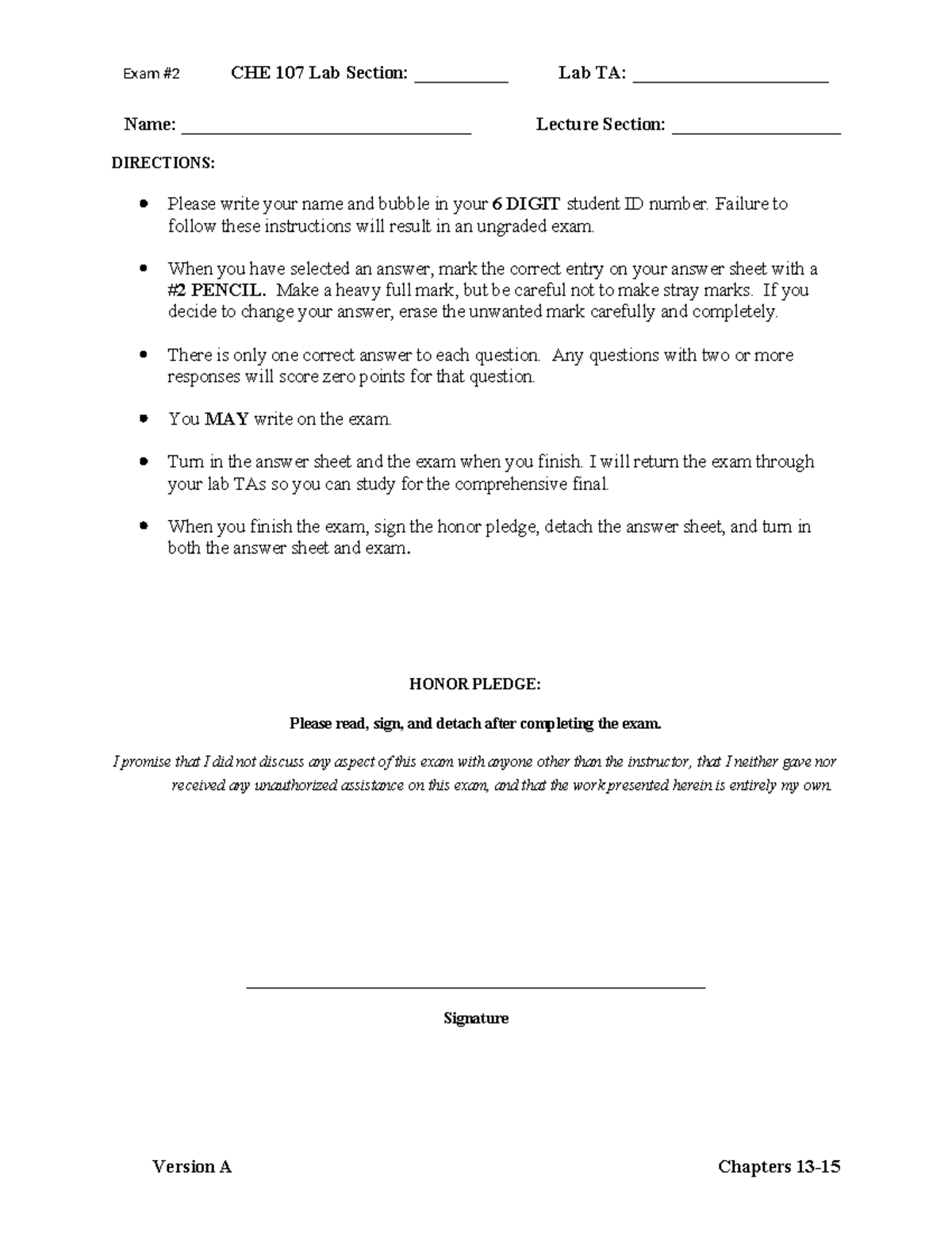 CHE 107 Example Exam 2 - Exam #2 CHE 107 Lab Section: __________ Lab TA