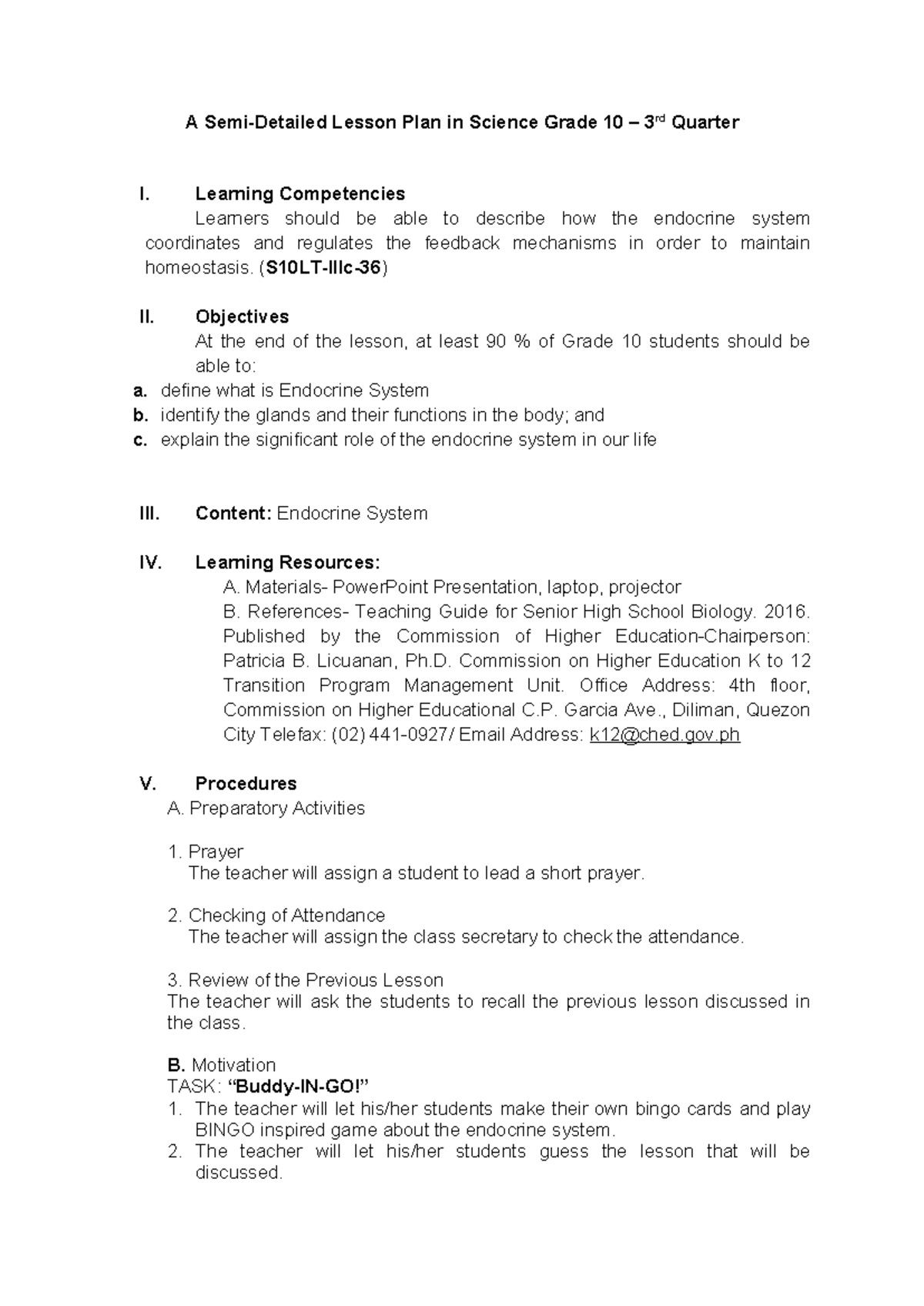 Endocrine Grade 10 - A Semi-Detailed Lesson Plan in Science Grade 10 ...