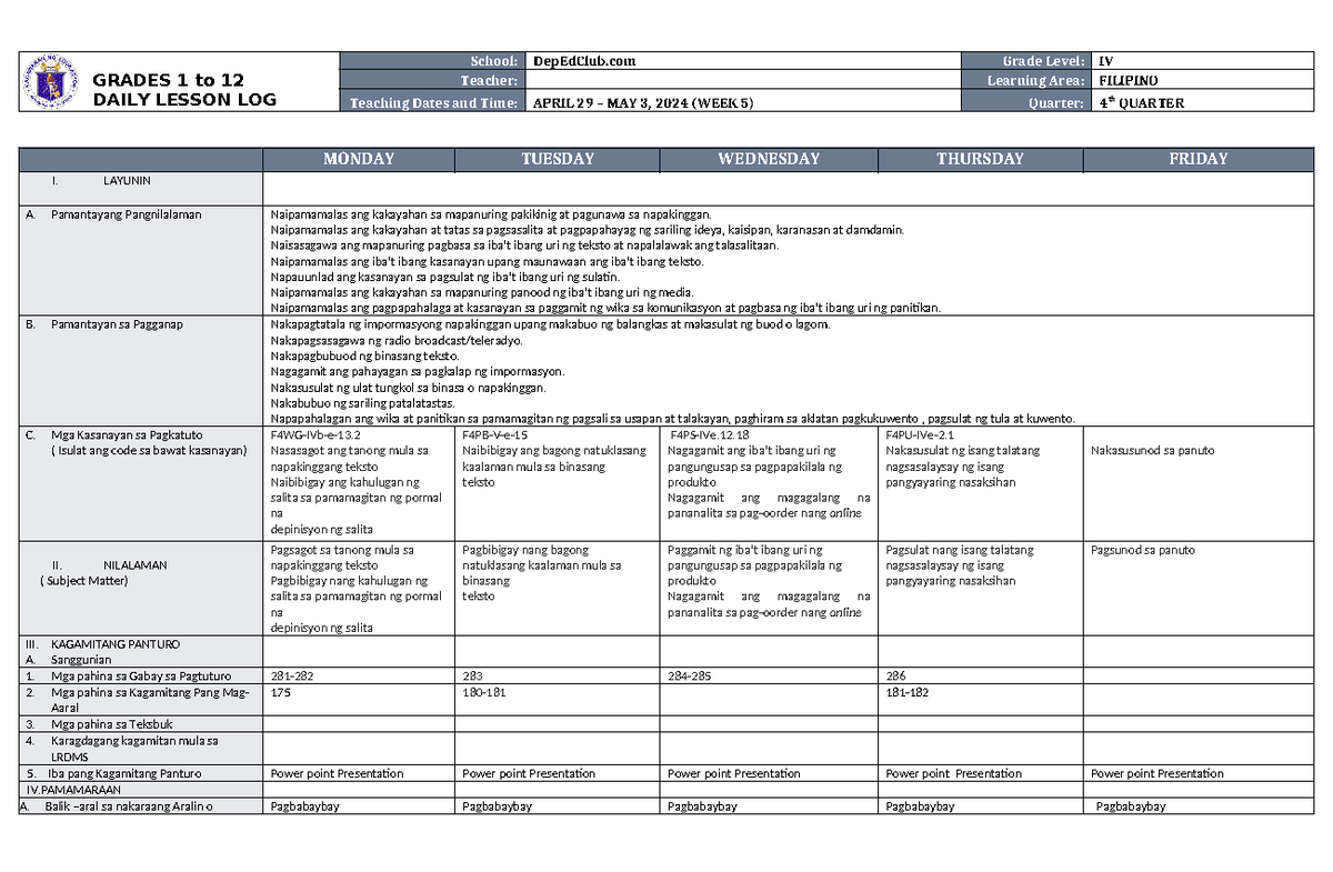 DLL Filipino 4 Q4 W5 - GRADES 1 to 12 DAILY LESSON LOG School ...