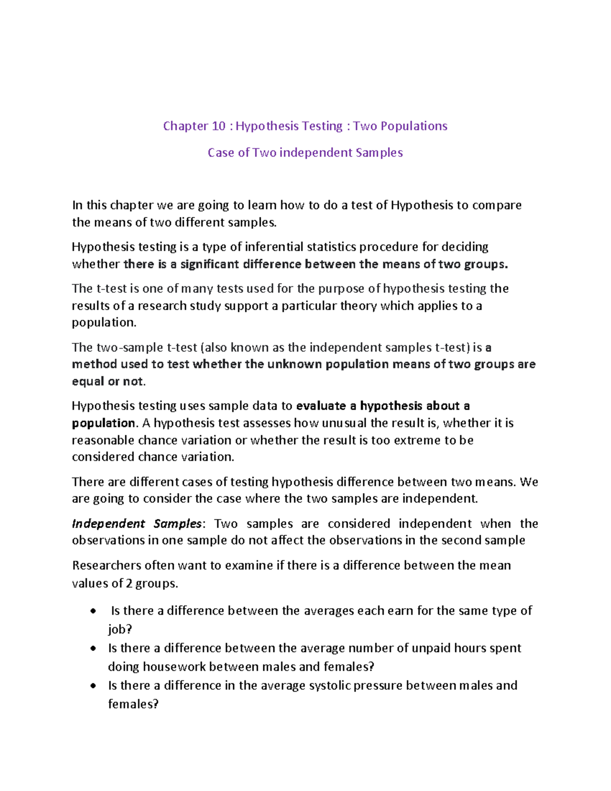 Testing hypothesis Two samples independent - Chapter 10 : Hypothesis ...