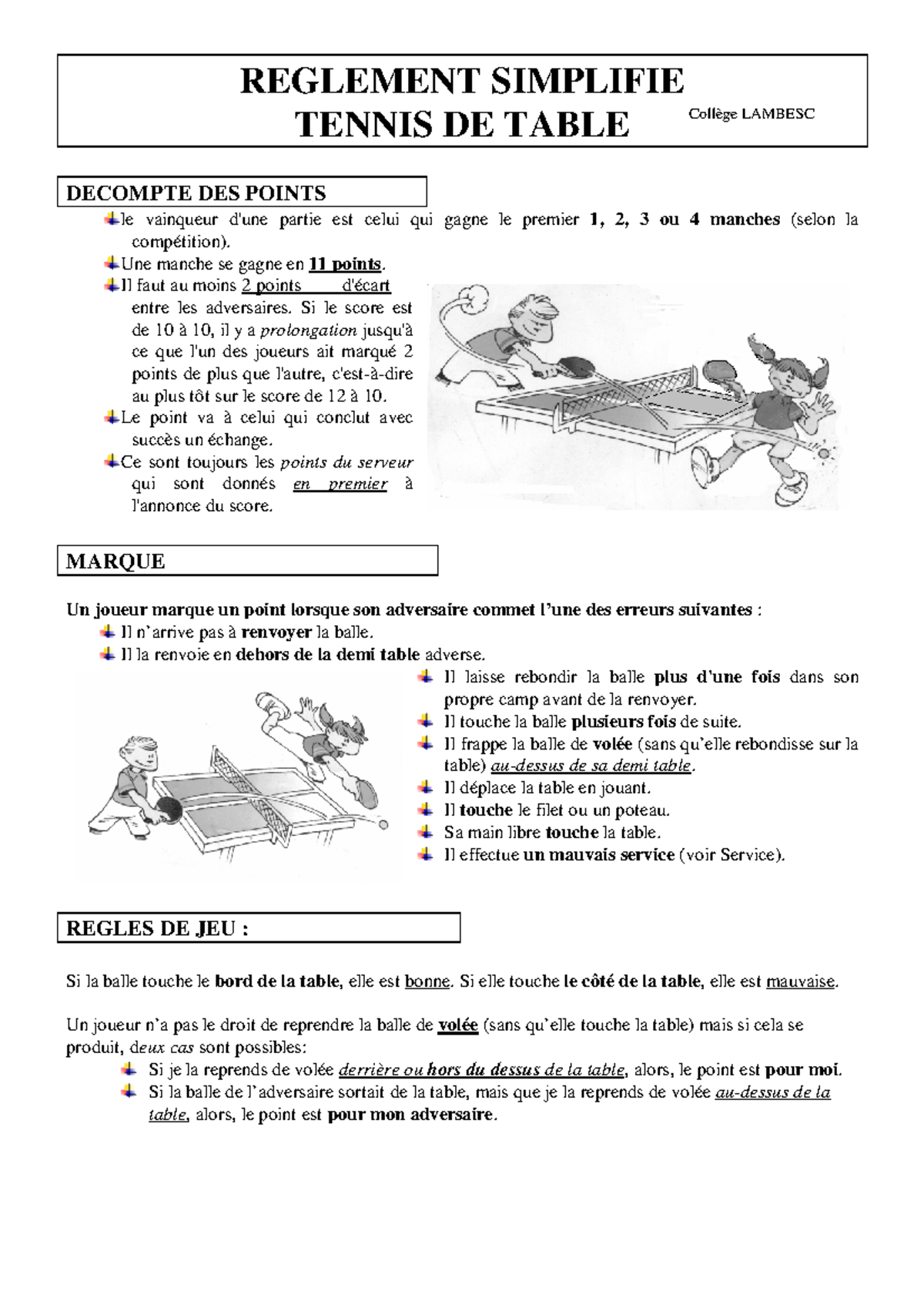 Reglement simplifie tennis de table - REGLEMENT SIMPLIFIE TENNIS DE TABLE DECOMPTE DES POINTS le ...