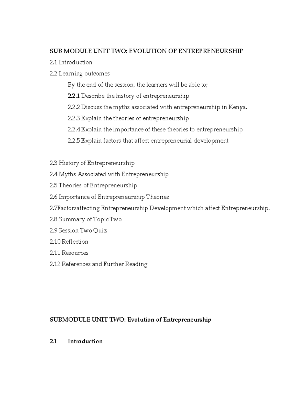 Evaluation of entreprenuership - SUB MODULE UNIT TWO: EVOLUTION OF ...