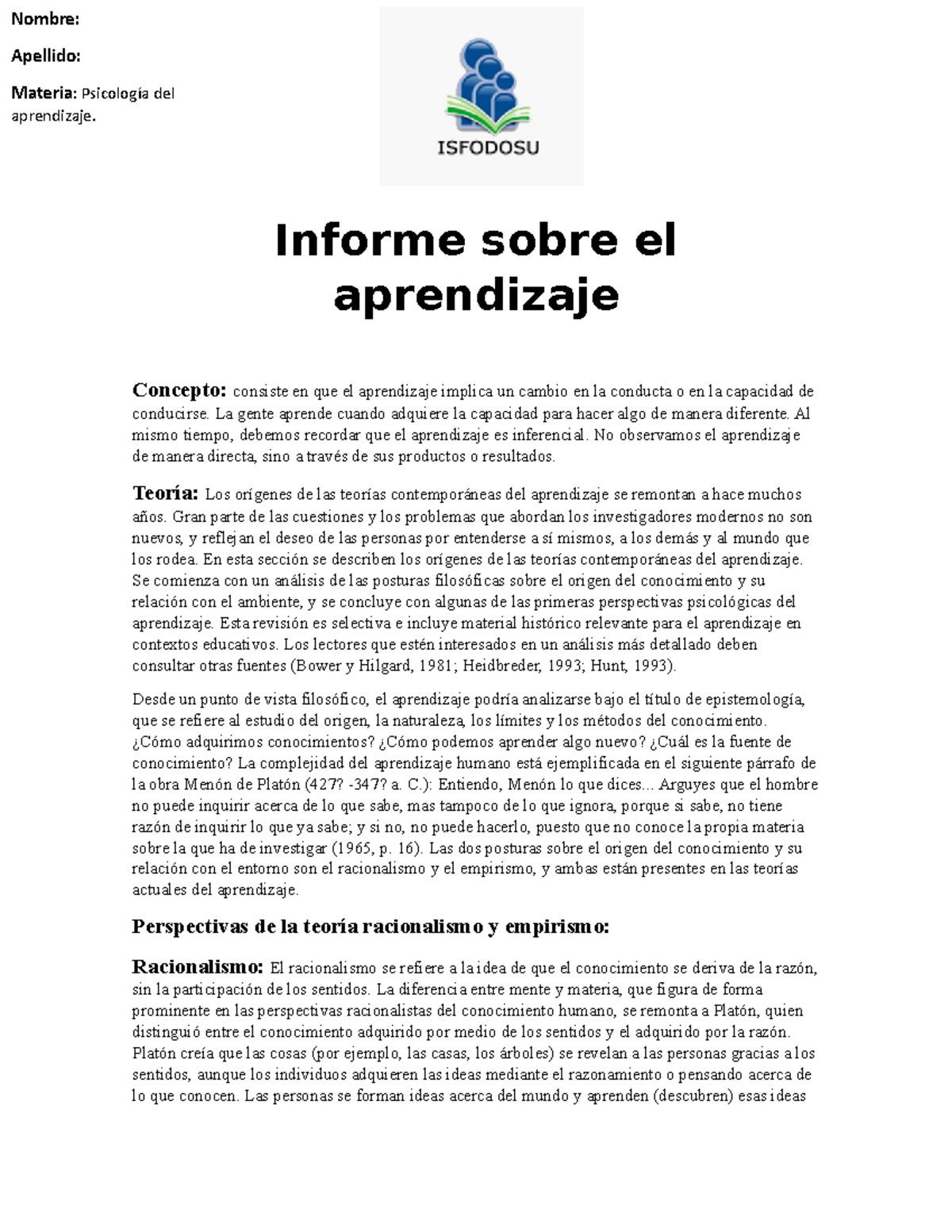 Informe sobre el aprendizaje psicologia - Informe sobre el aprendizaje ...