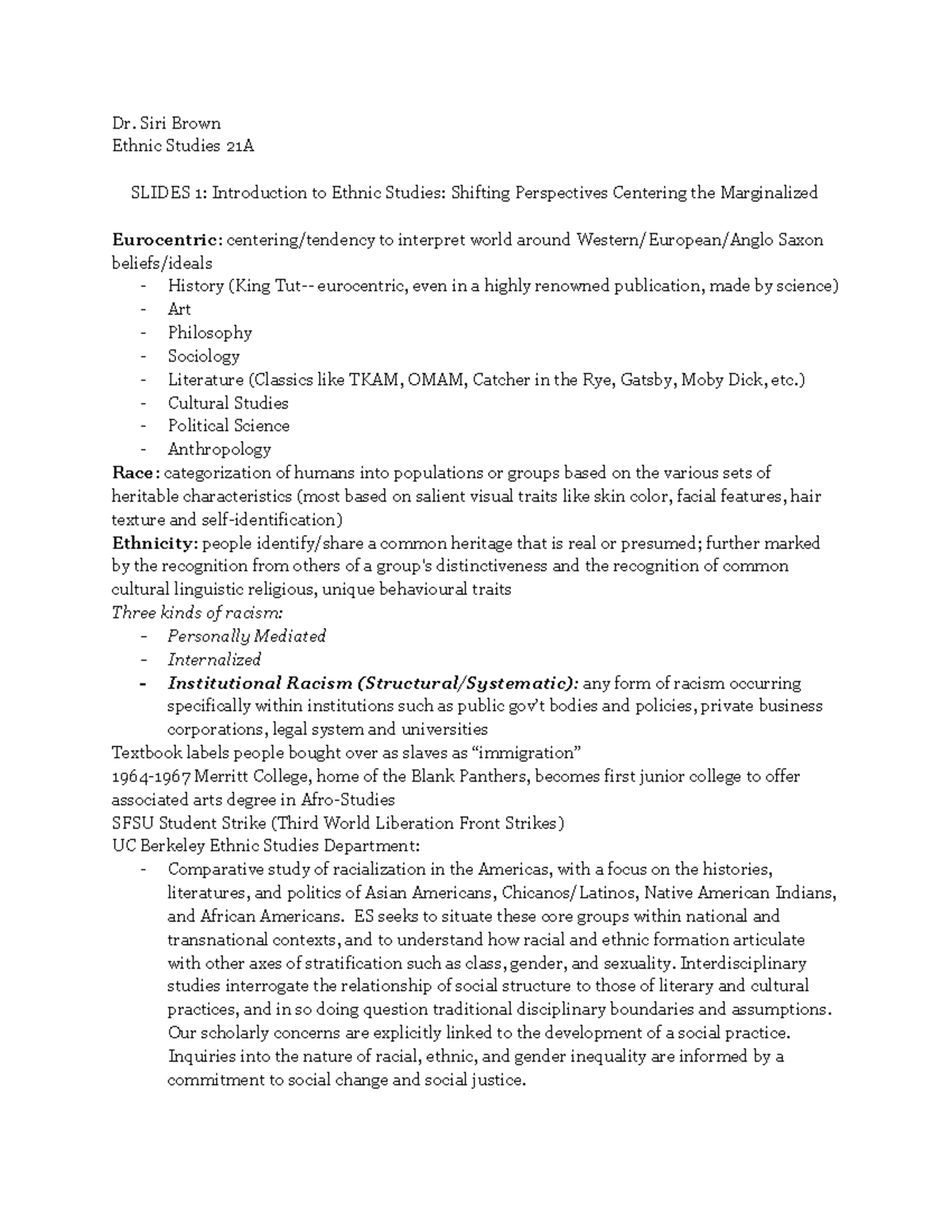 Ethnic Studies 21AC Lectures 1-3 Notes - Dr. Siri Brown Ethnic Studies ...