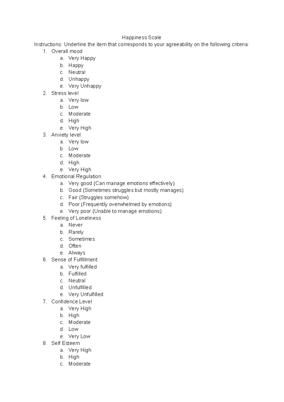 Psych assessment - Happiness Scale Instructions: Underline the item ...