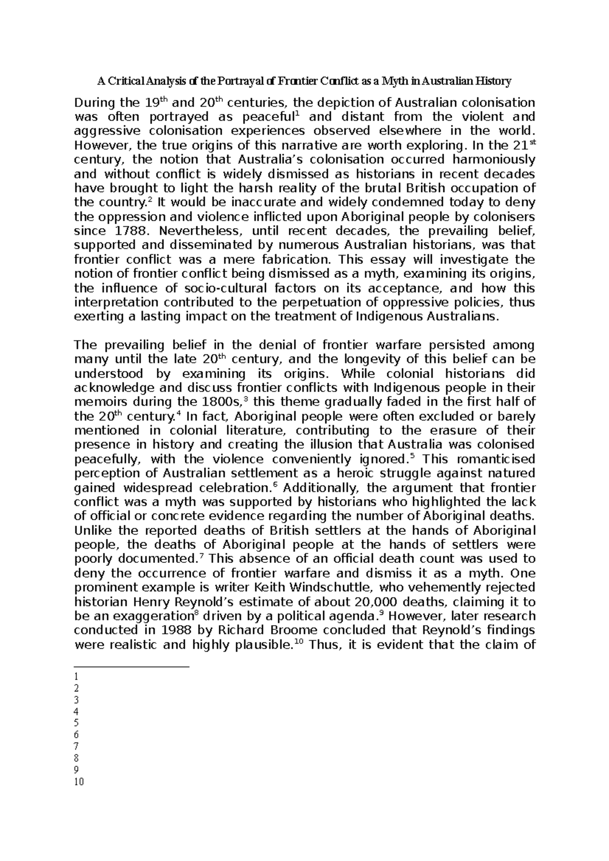 Essay Draft - A Critical Analysis of the Portrayal of Frontier Conflict ...