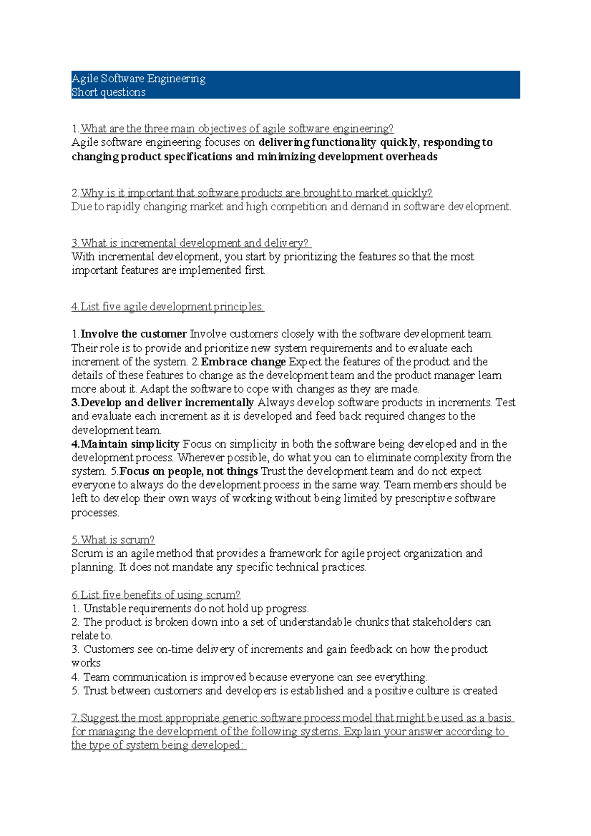 Agile Software Engineering short questionare - 3 is incremental ...