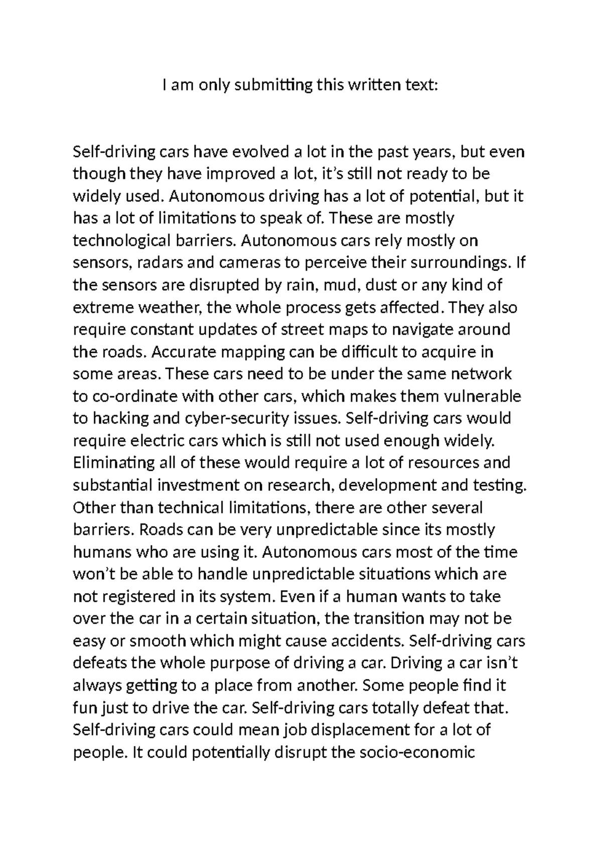 An argument about whether or not self driving cars are practical and ...