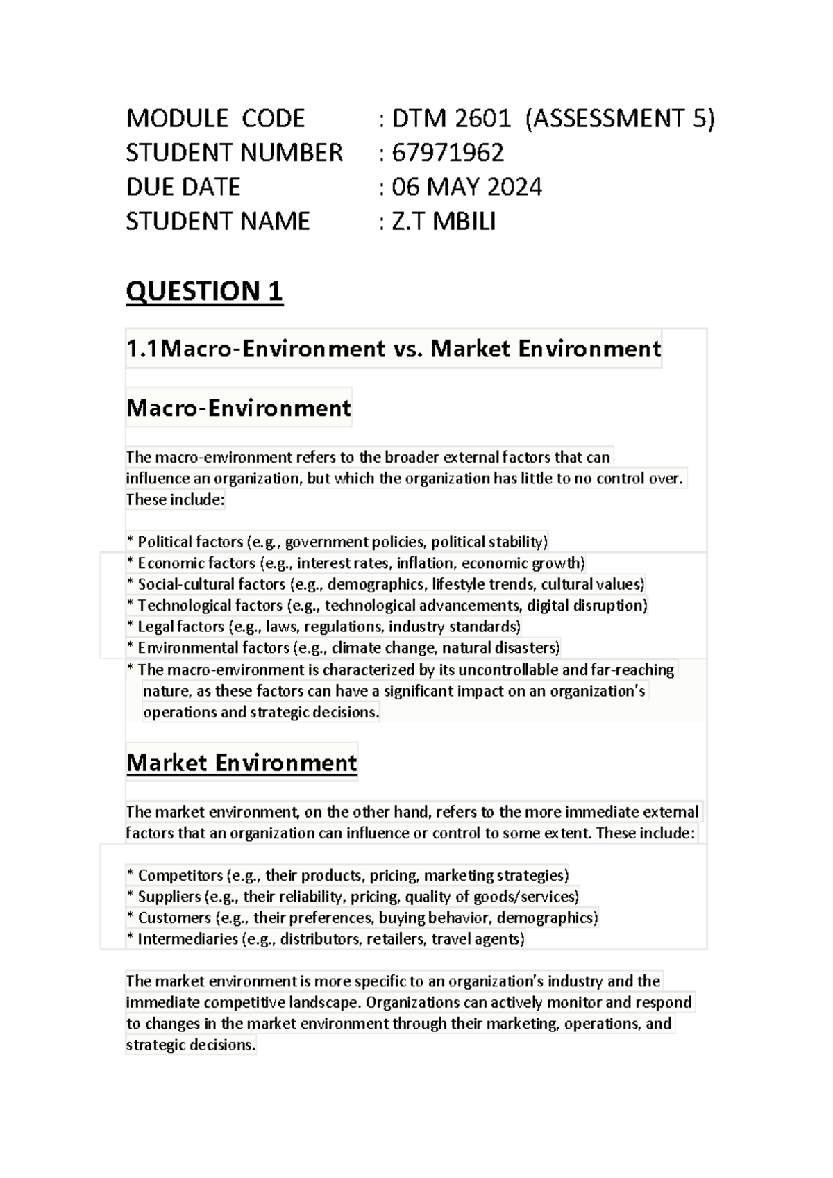 DTM 2601 Assessment 5 - MODULE CODE : DTM 2601 (ASSESSMENT 5) STUDENT ...