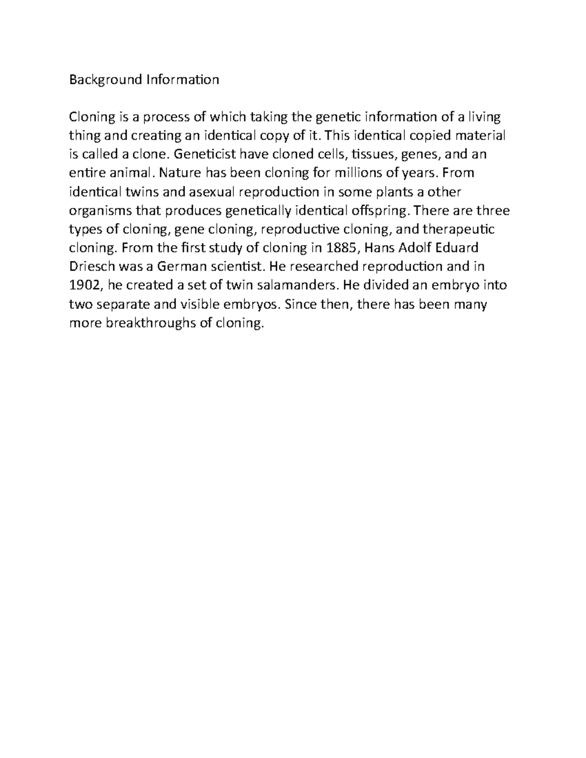 Background Information on Cloning - Background Information Cloning is a ...