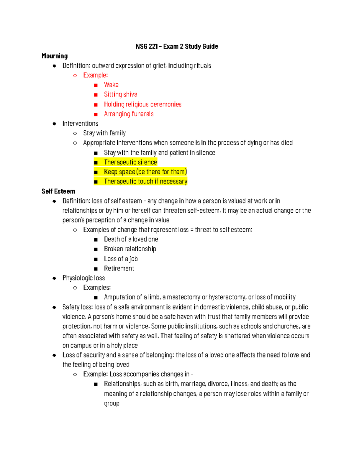 NSG 221 - Exam 2 Study Guide - NSG 221 - Exam 2 Study Guide Mourning ...